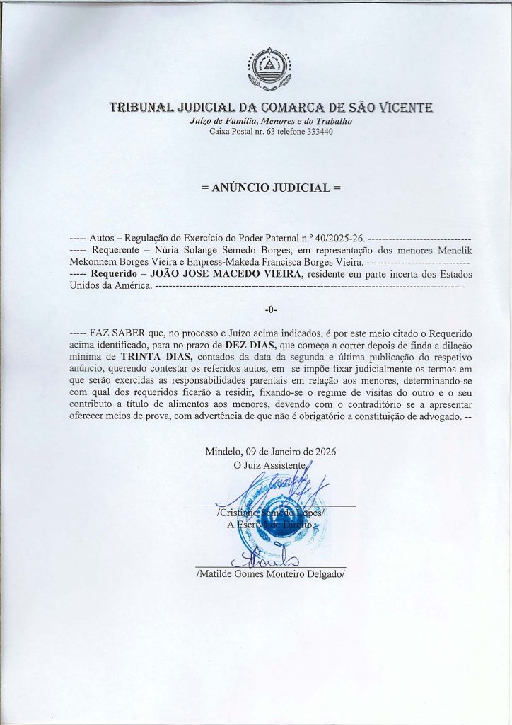 Tribunal da Comarca de São Vicente – Anúncio Judicial – Requerente ...
